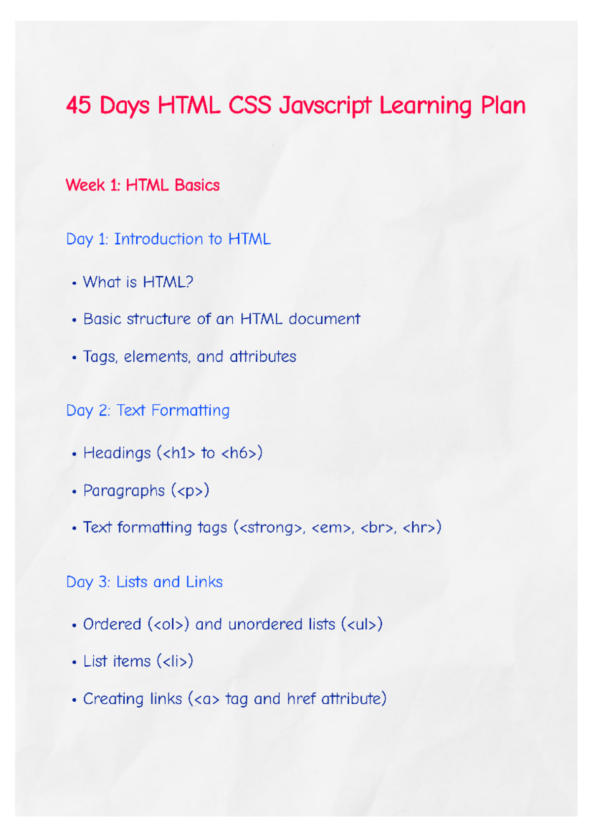 Web Development 45 Days Learning Plan 45 Days Html Css Javscript Learning Plan Week 1 Html