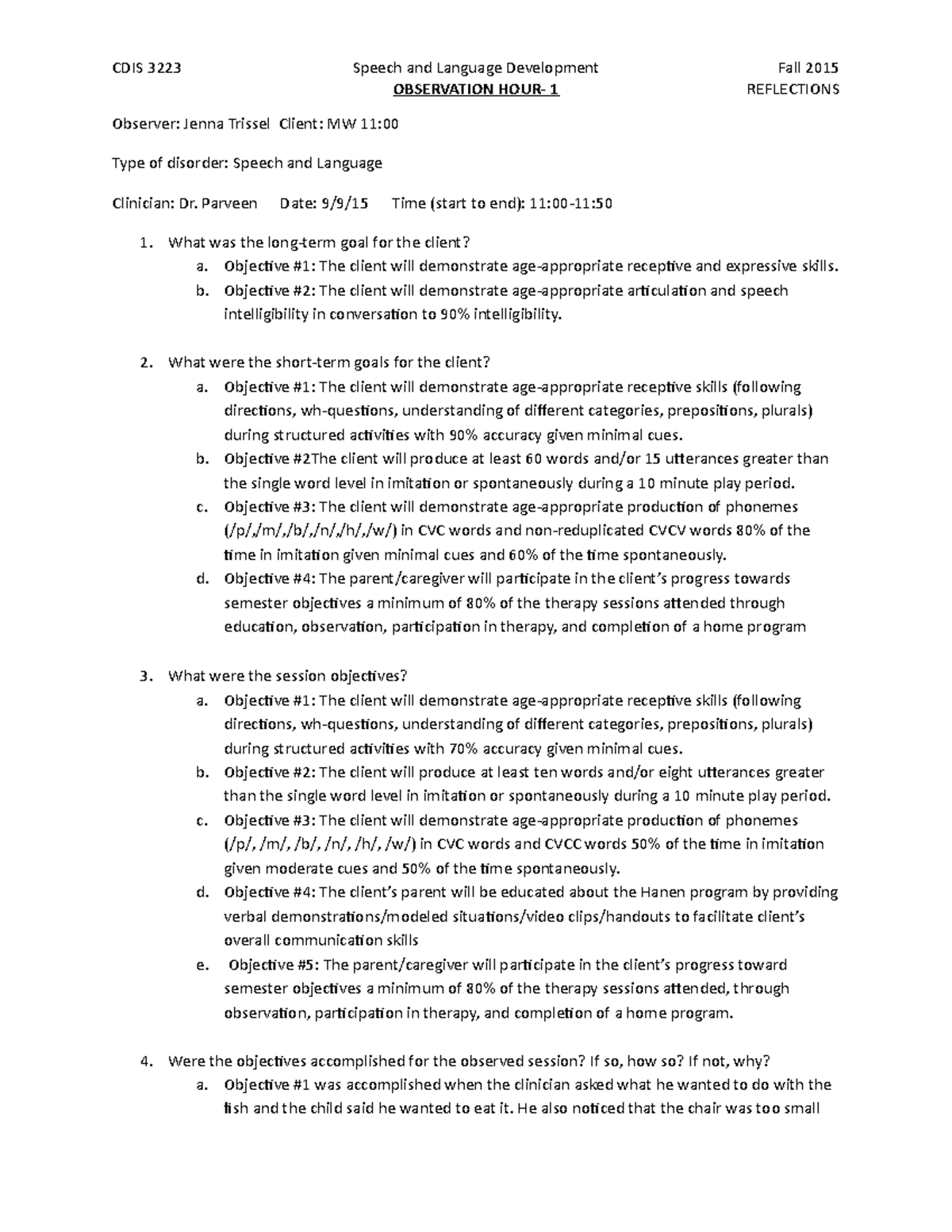 Observation 1 - CDIS 3223 Speech and Language Development OBSERVATION ...