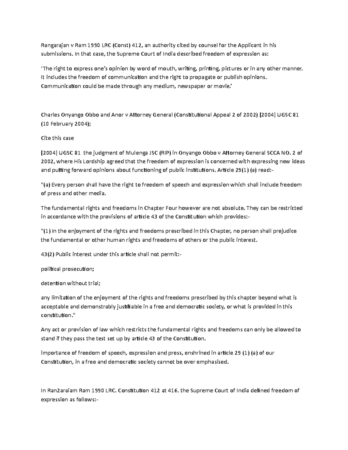 Rangarajan v Ra cases - Defamation - Rangarajan v Ram 1990 LRC (Const ...