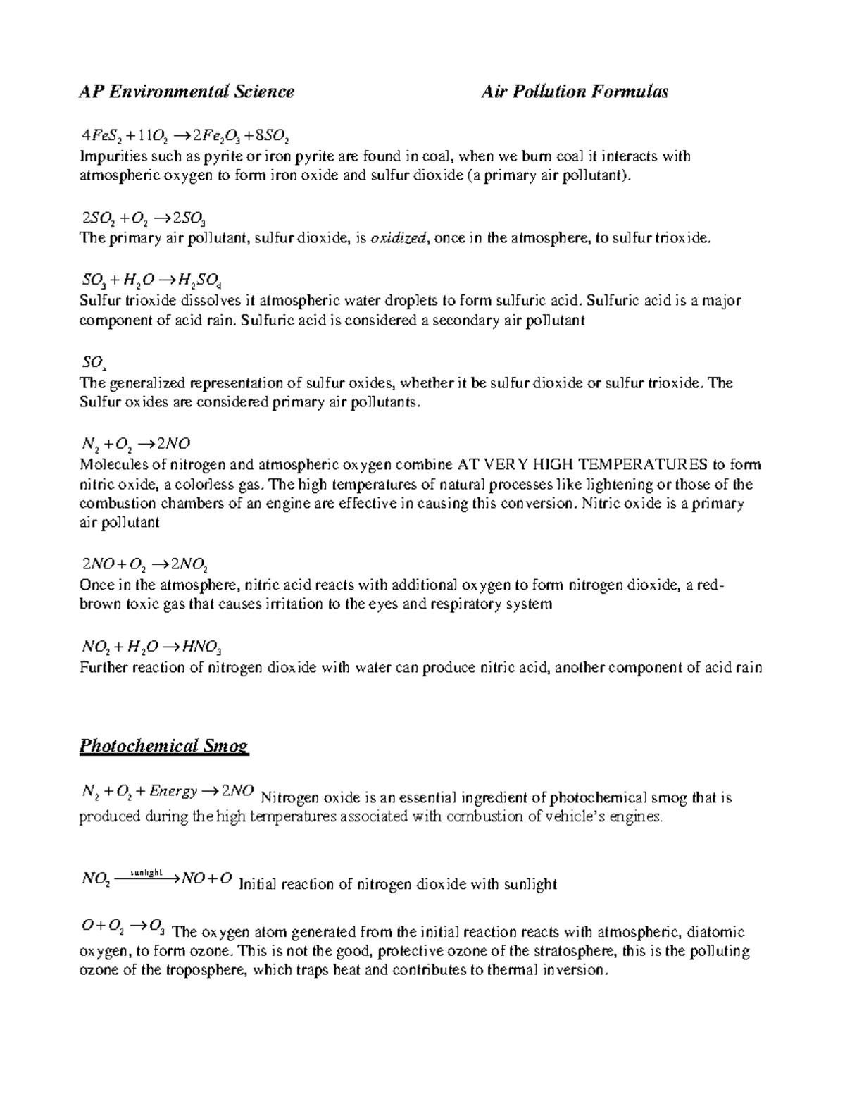 Air Pollution Formulas - 2 SO 2 O 2 2 SO 3 The primary air pollutant ...