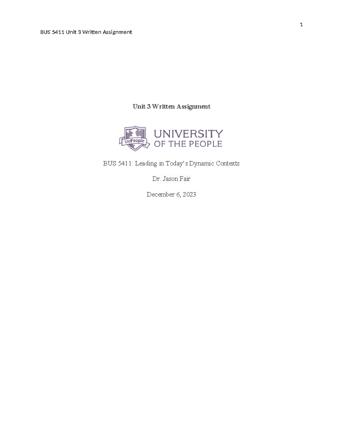 Bus 5411 Unit 3 Written Assignment Bus 5411 Unit 3 Written Assignment Unit 3 Written