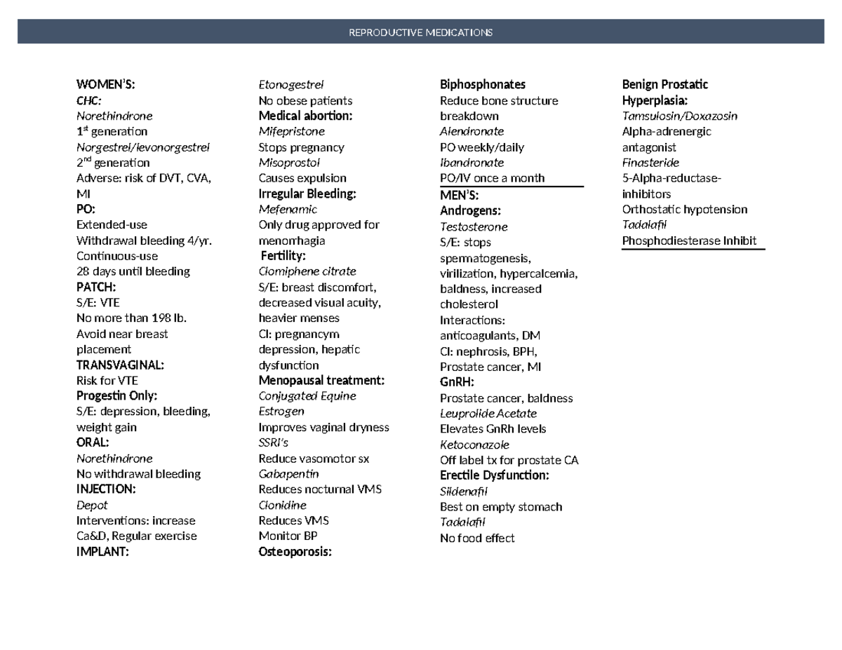 Pharm exam 4 chart 2 - REPRODUCTIVE MEDICATIONS WOMEN’S: CHC ...