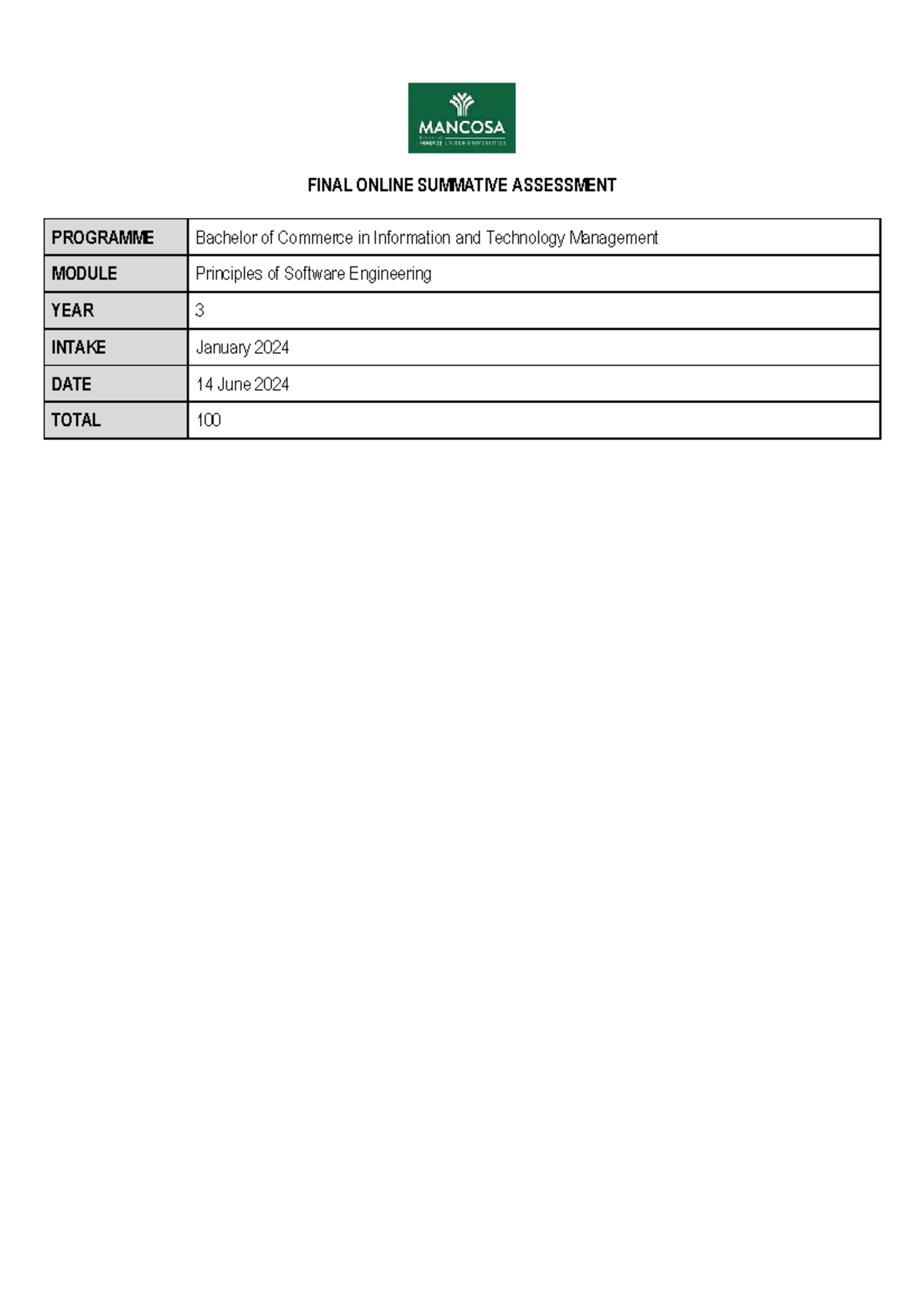 OSA JAN24 S1 BCOM BCOM ITM Principles of Software Engineering Final ...