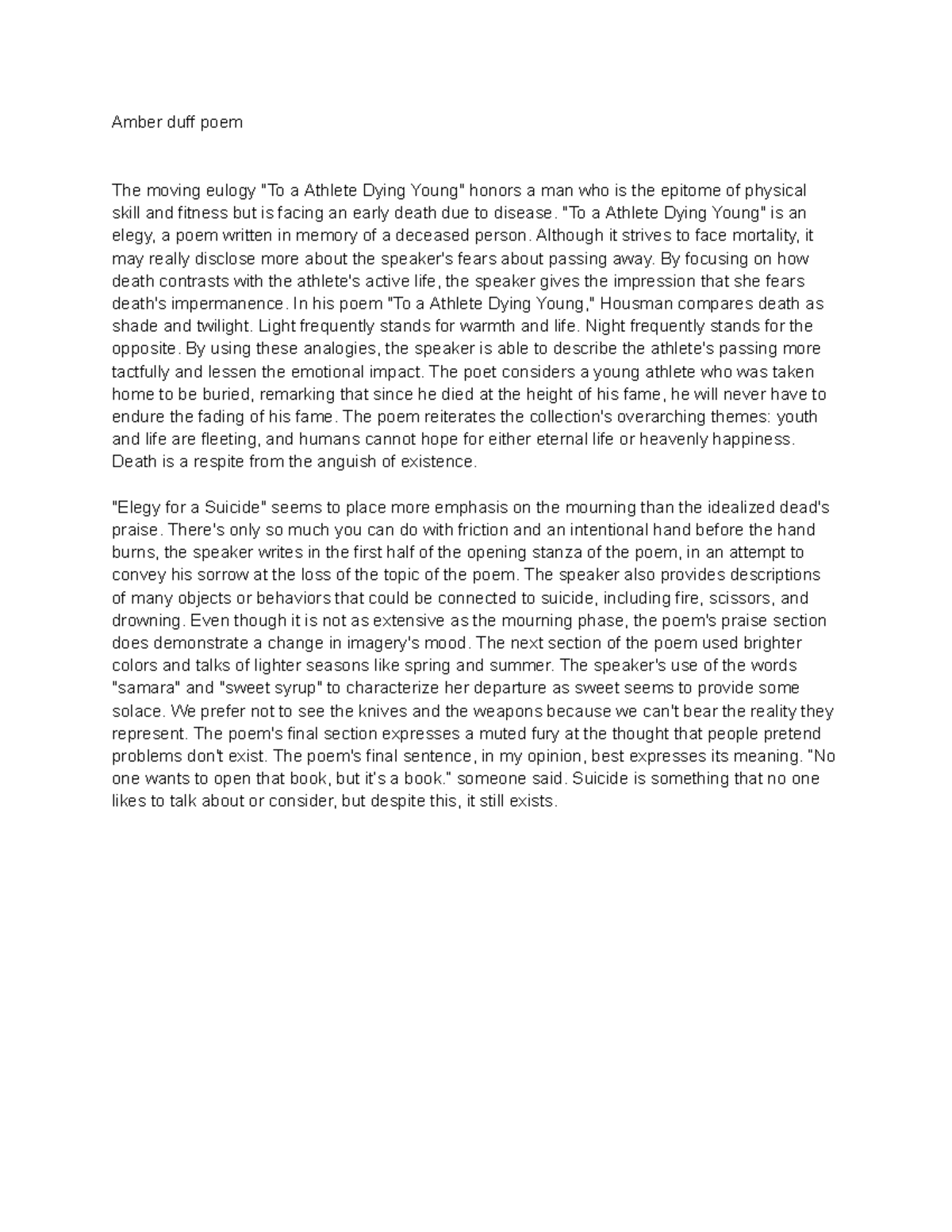 poem for poetry - Amber duff poem The moving eulogy "To a Athlete Dying ...