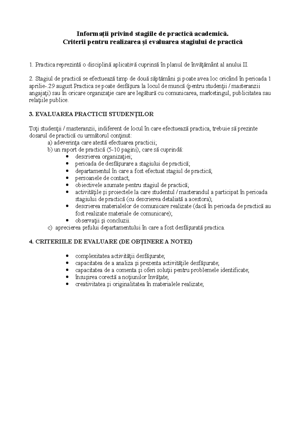 Practica cerinte studenti - Informaţii privind stagiile de practică ...