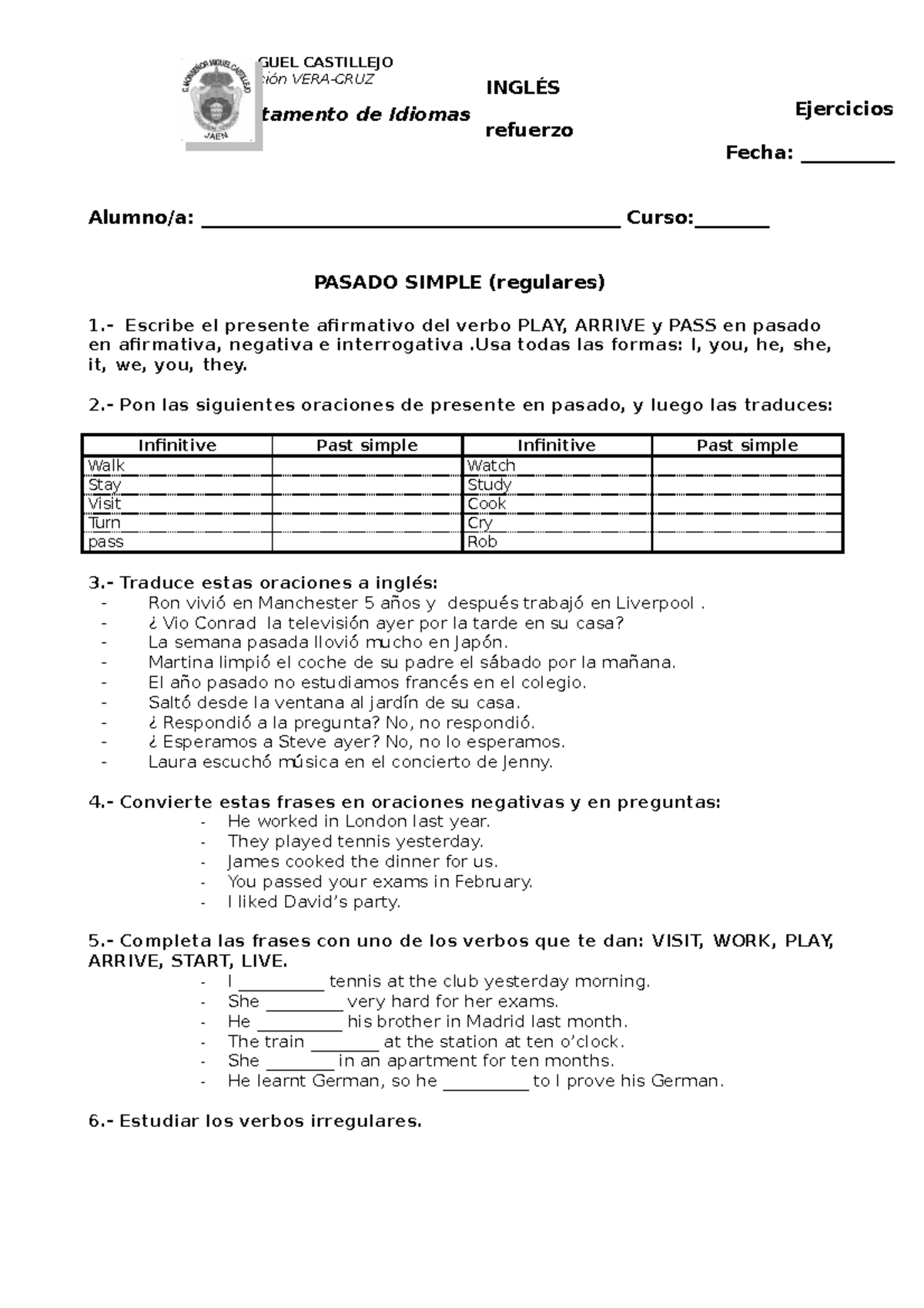 PAST Simple - Fundación VERA-CRUZ Departamento de Idiomas INGLÉS ...