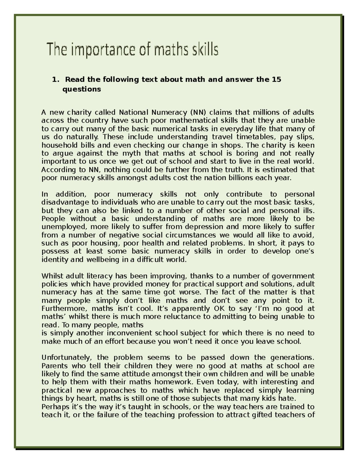 Maths reading - Read the following text about math and answer the 15 ...