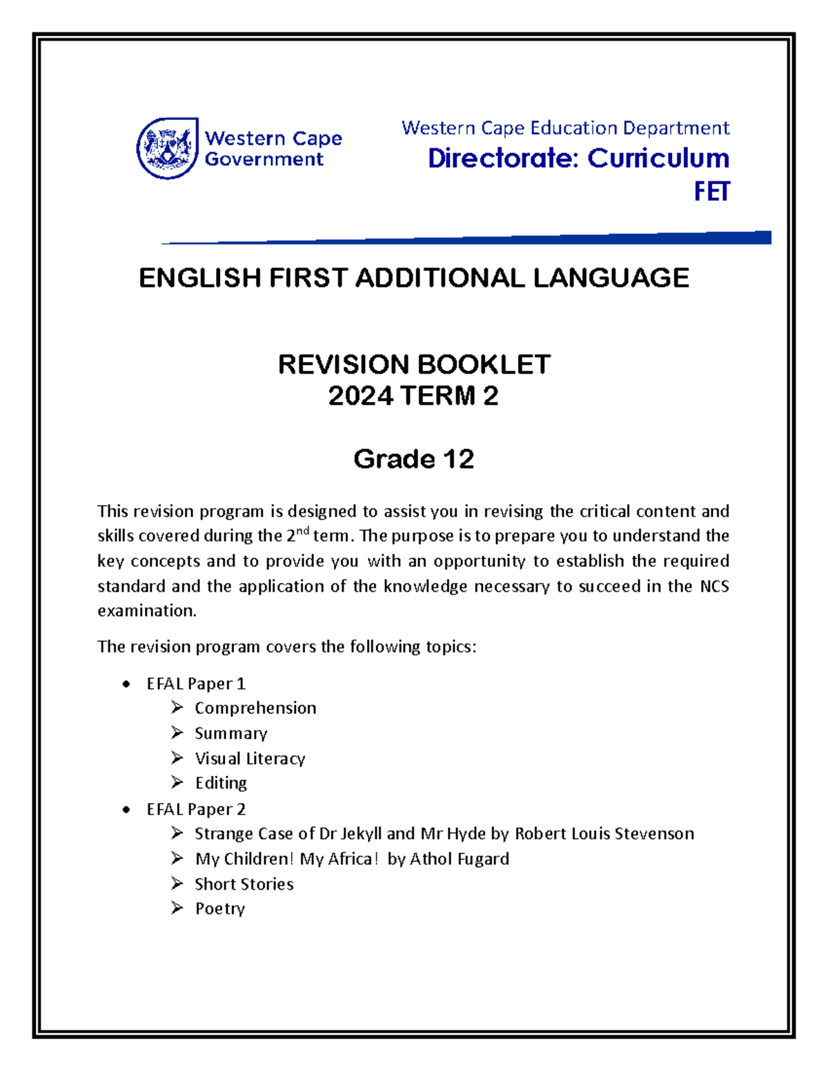 Final Revision booklet EFAL Term 2 Grade 12 2024 - Western Cape ...