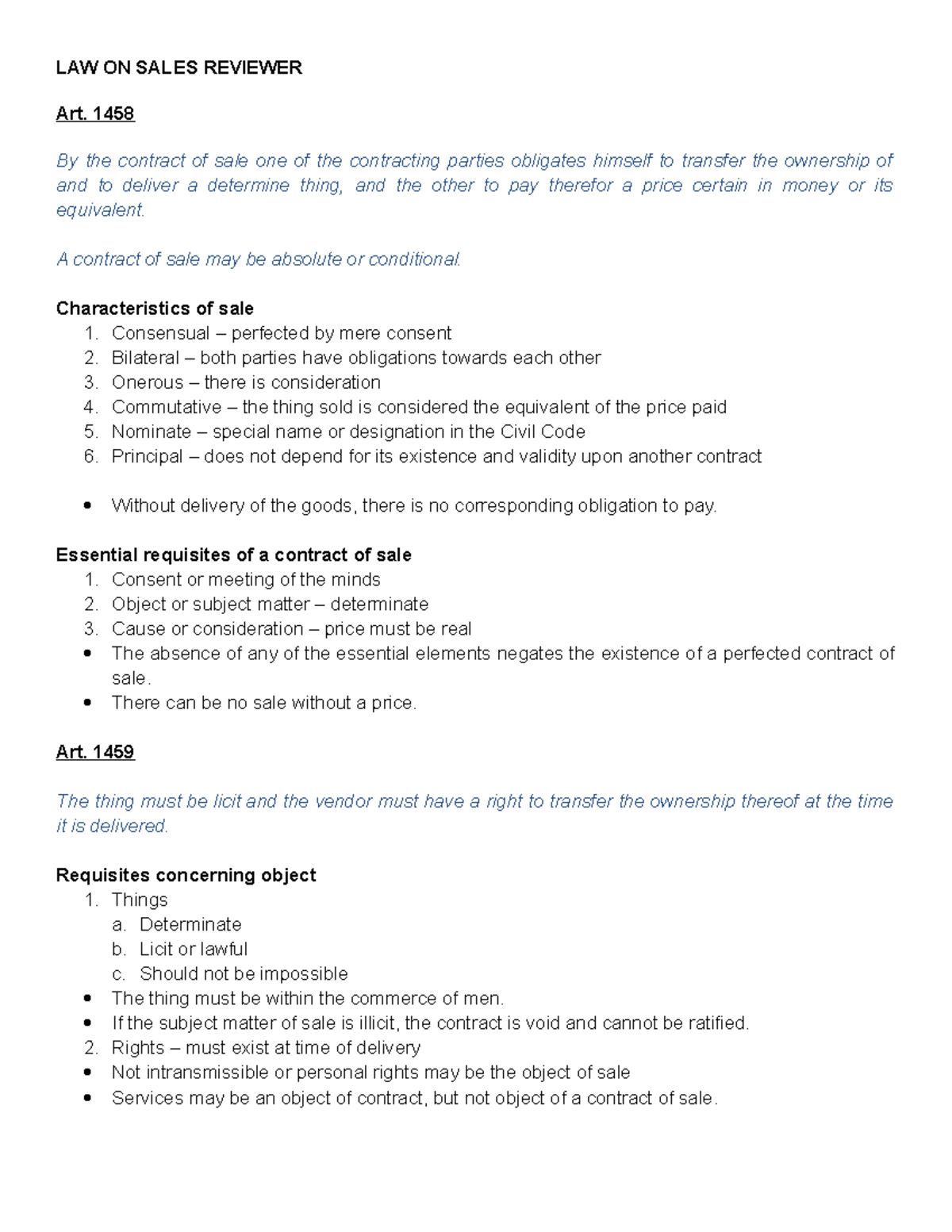 LAW ON Sales Reviewer - LAW ON SALES REVIEWER Art. 1458 By the contract ...