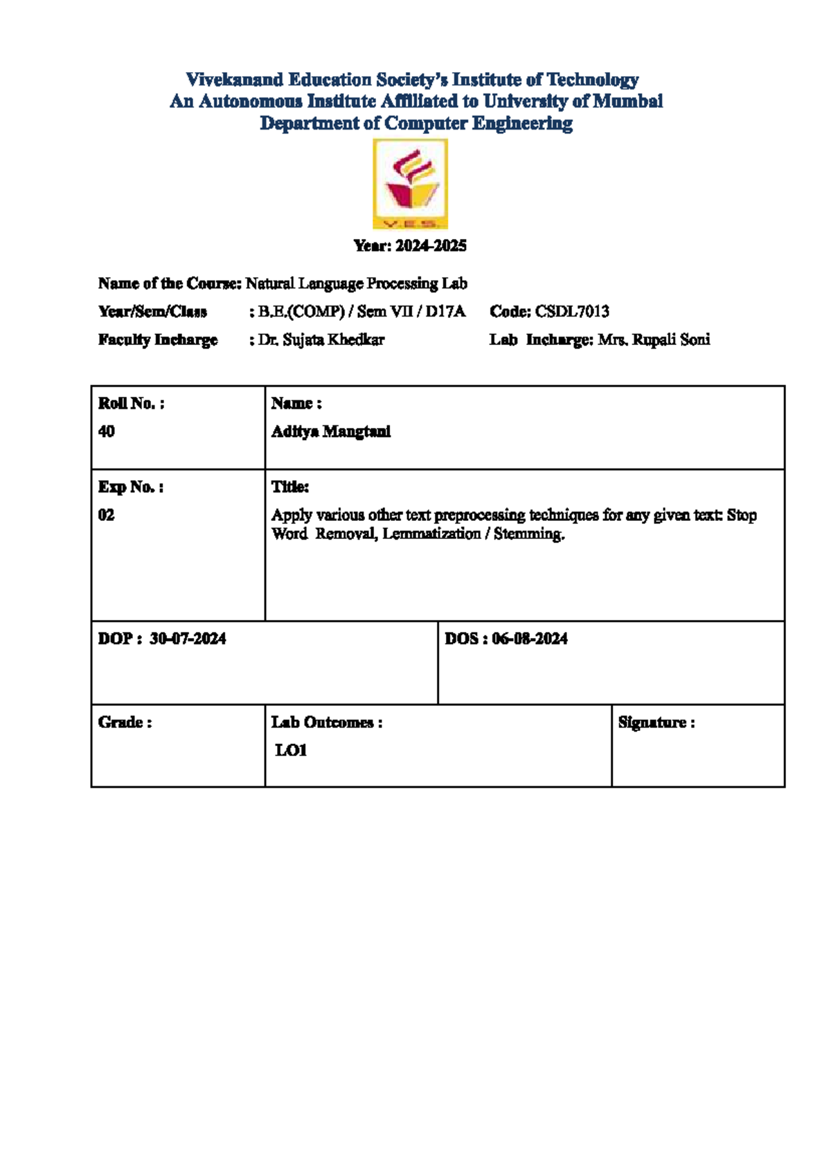 NLP 2 - Nlp experiment - Vivekanand Education Institute of Technology ...