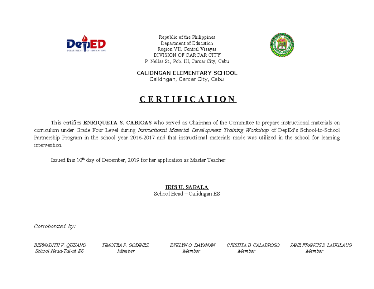 Certification as chairman for special committee with corroboration - Republic of the Philippines ...