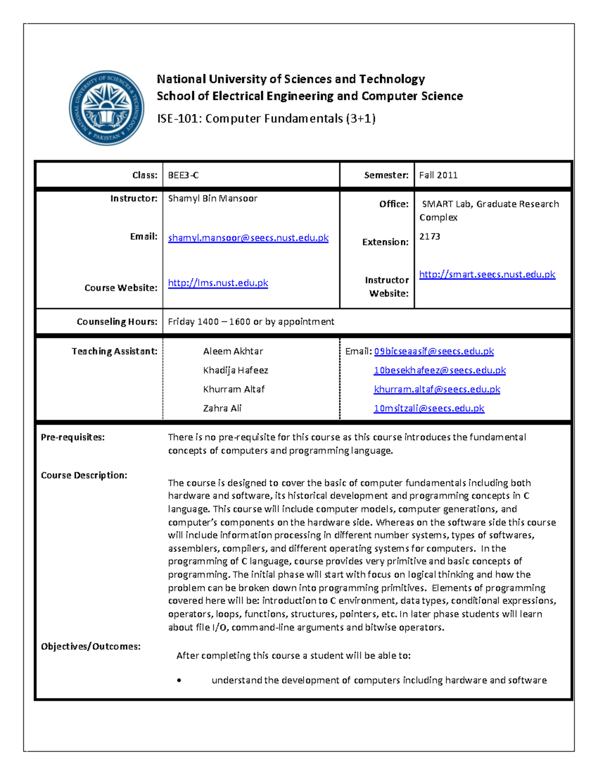 Course Outline Cs 101 Computer Fundamentals Bee3c National University Of Sciences And 