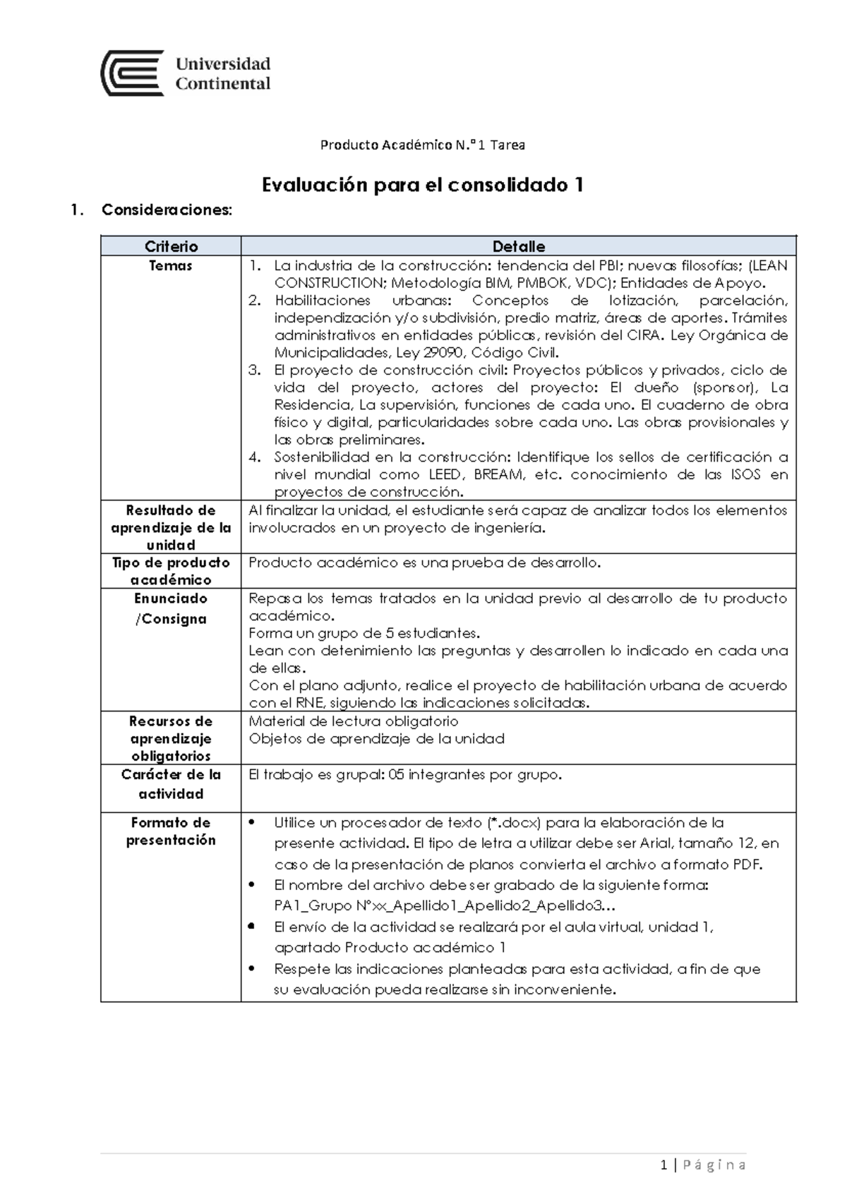 PA01.Tarea Construcción 1 - Producto Académico N.° 1 Tarea Evaluación para el consolidado 1 1 ...