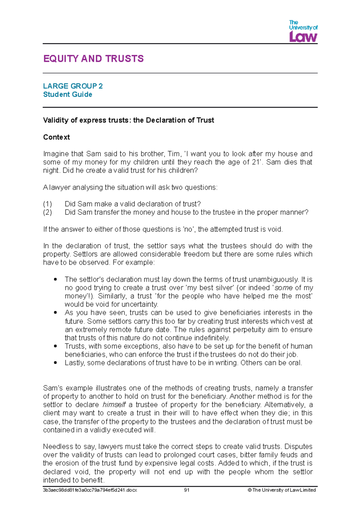 U2 - Delclaration of a Trust (Student Guide) - EQUITY AND TRUSTS LARGE GROUP 2 Student Guide ...