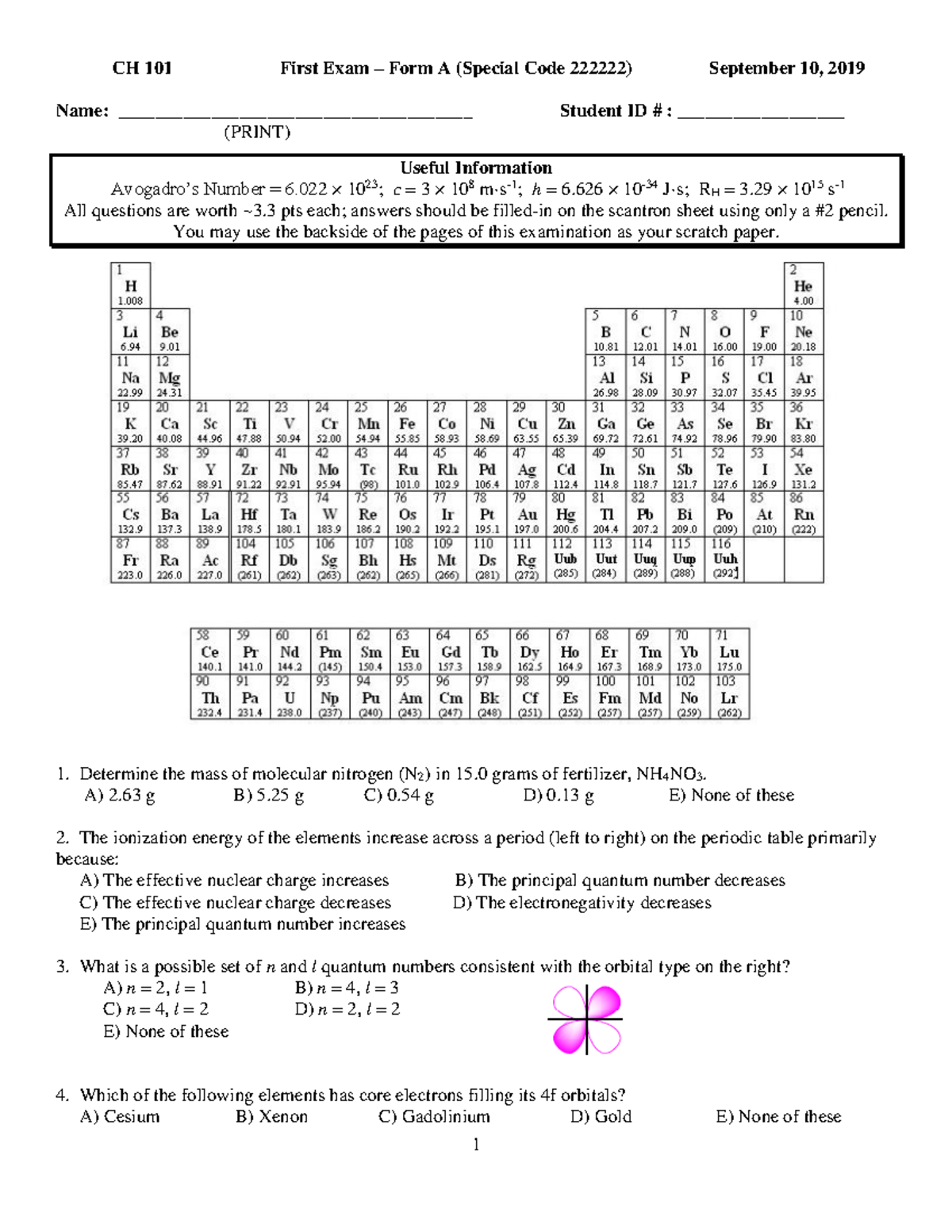 Practice test - CH 101 First Exam – Form A (Special Code 222222 ...