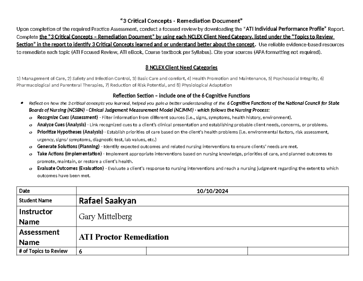 ATI Proctor Remediation - Remediation Document - Nurs 211L - WCU - Studocu