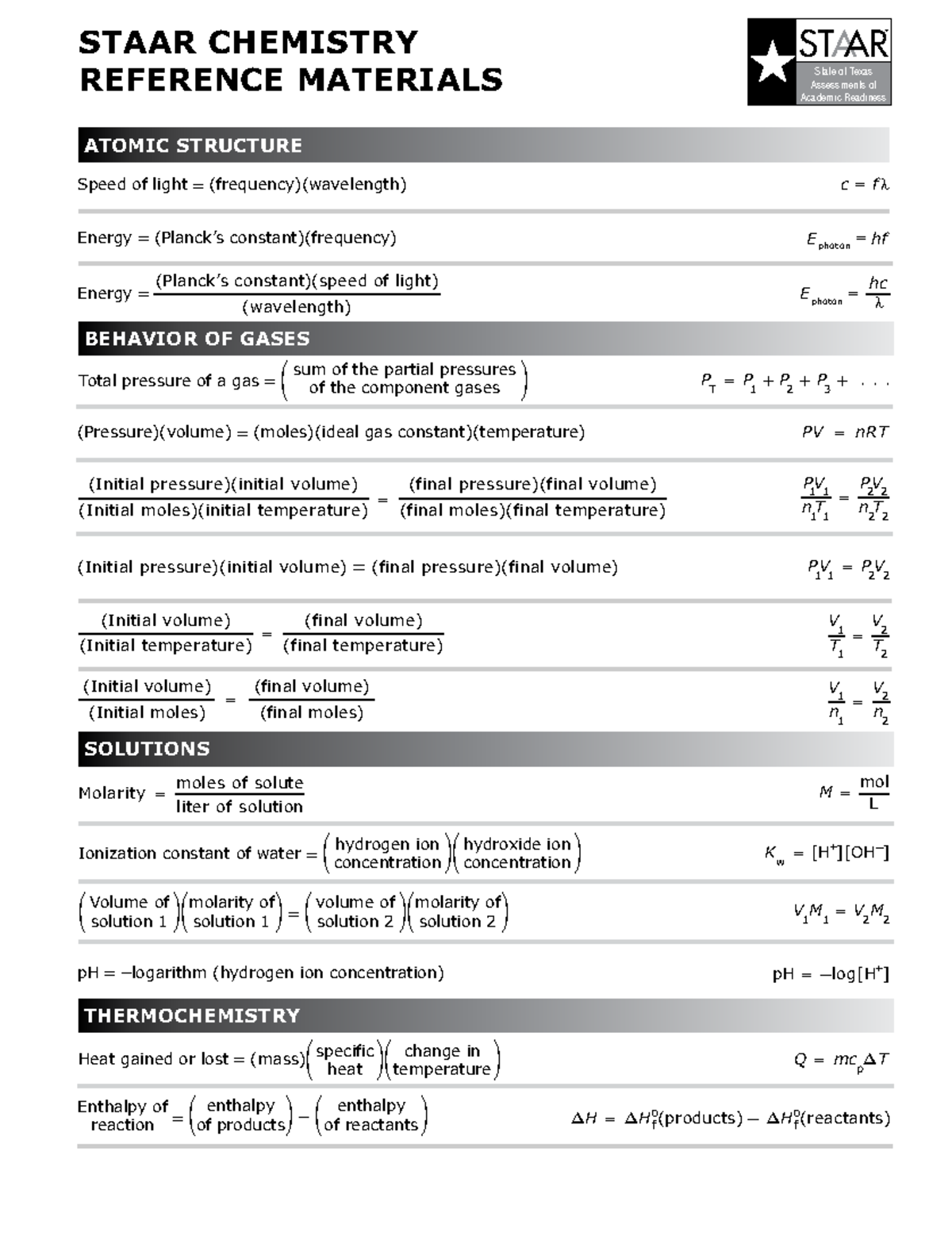 CHEM Formula Chart - Lecture notes 2-4 - Total pressure of a gas = (sum ...