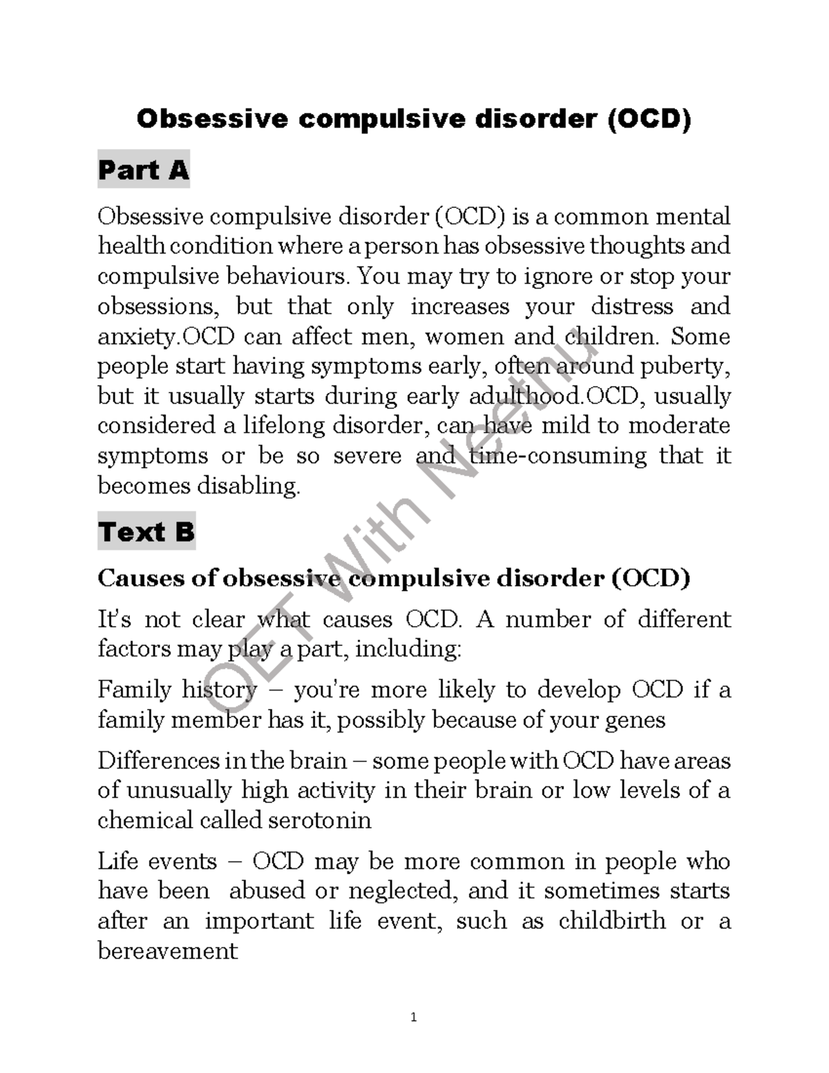 obsessive compulsive disorder reading part A - Obsessive compulsive ...