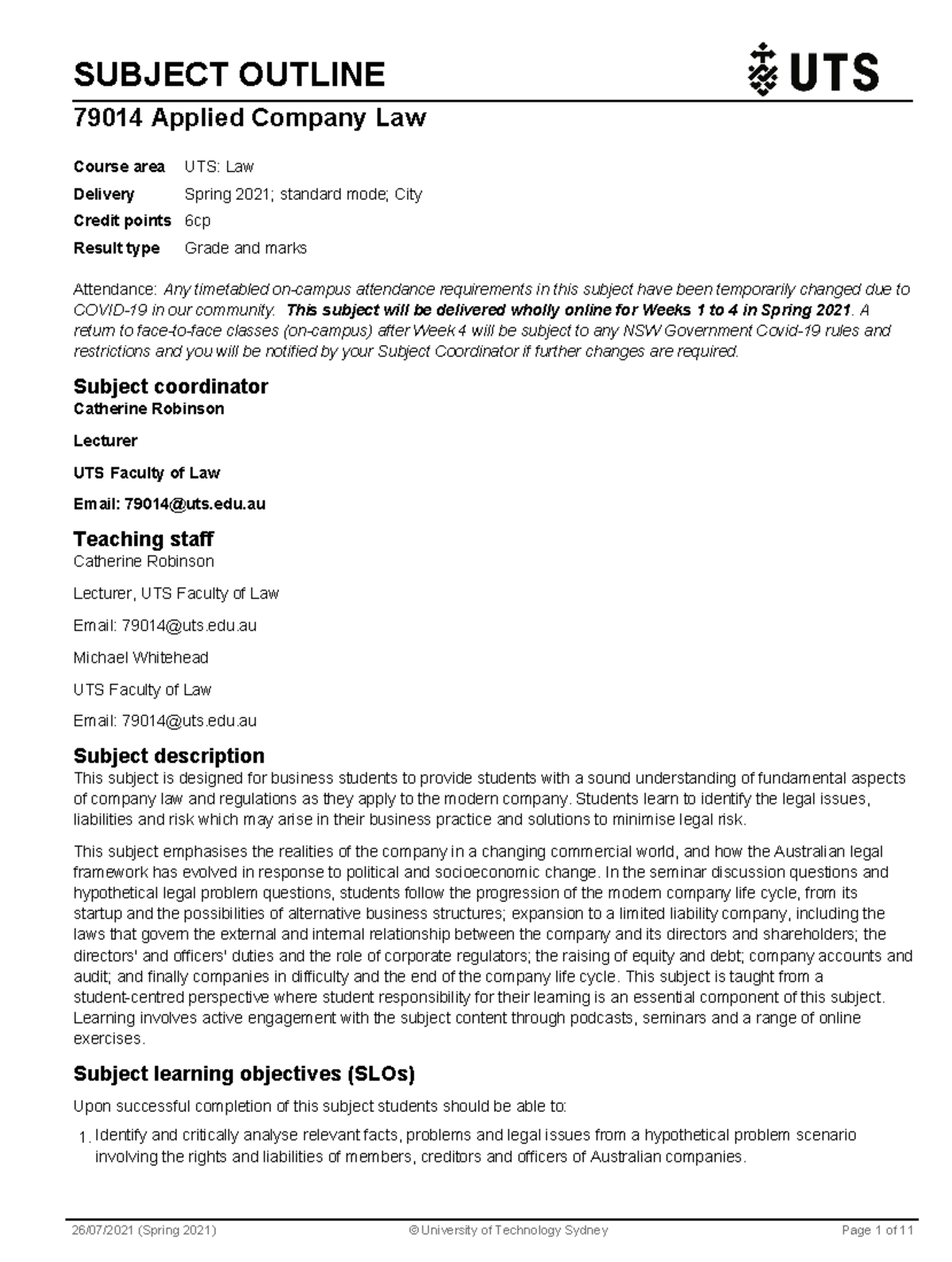 ACL subject outline - SUBJECT OUTLINE 79014 Applied Company Law ...