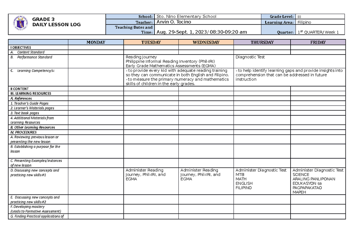 DLL Filipino 3 Q1 W1 - GRADE 3 DAILY LESSON LOG School: Sto. Nino ...