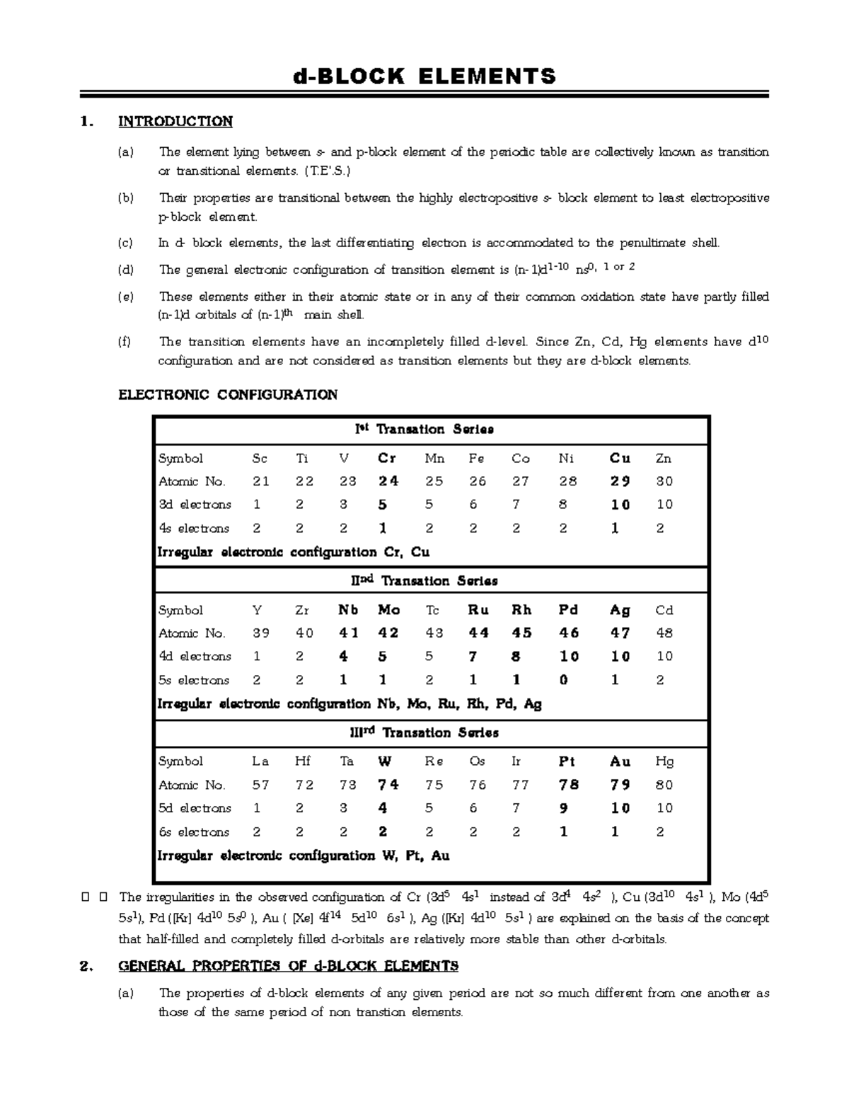 D- Block Elements - notes - d-BLOCK ELEMENTS 1. I NT RO DU CT IO N (a ...