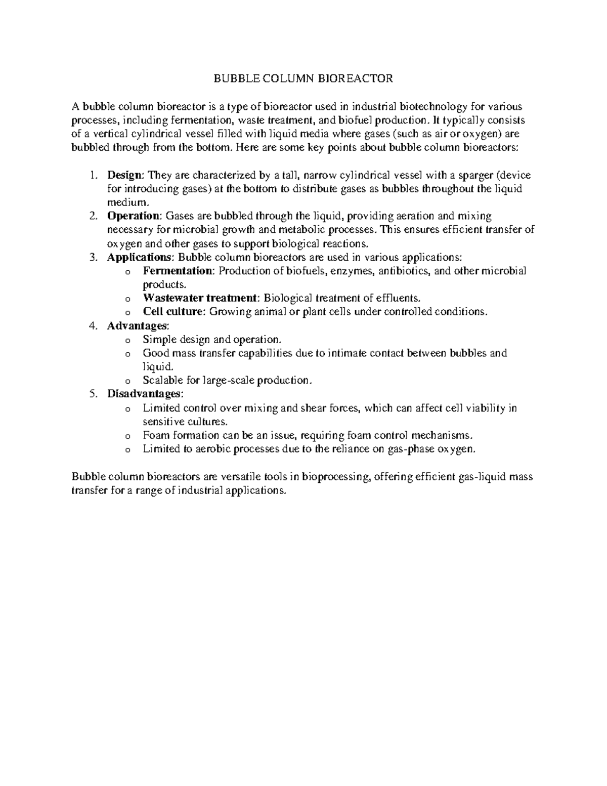 Bubble Column Bioreactor - BUBBLE COLUMN BIOREACTOR A bubble column ...