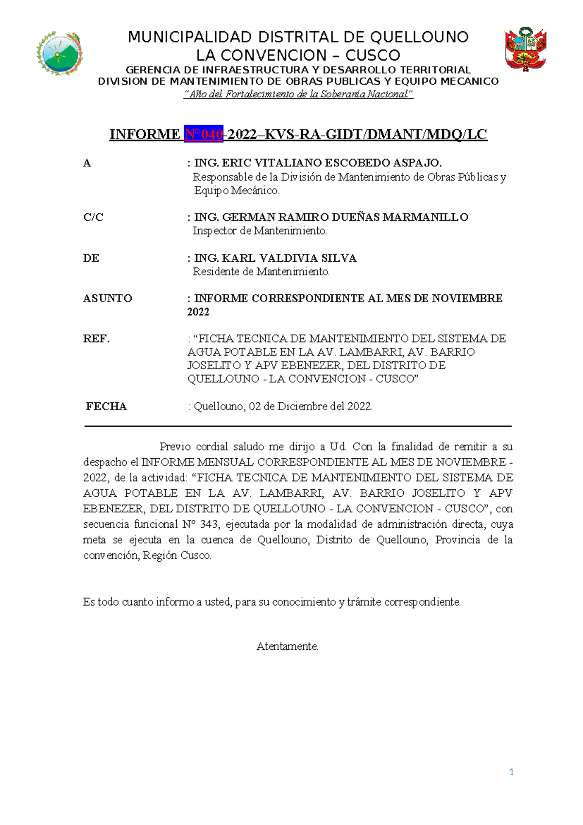 10- Informes 2022 okok - INFORME DE CORTE - MUNICIPALIDAD DISTRITAL DE QUELLOUNO LA CONVENCION ...