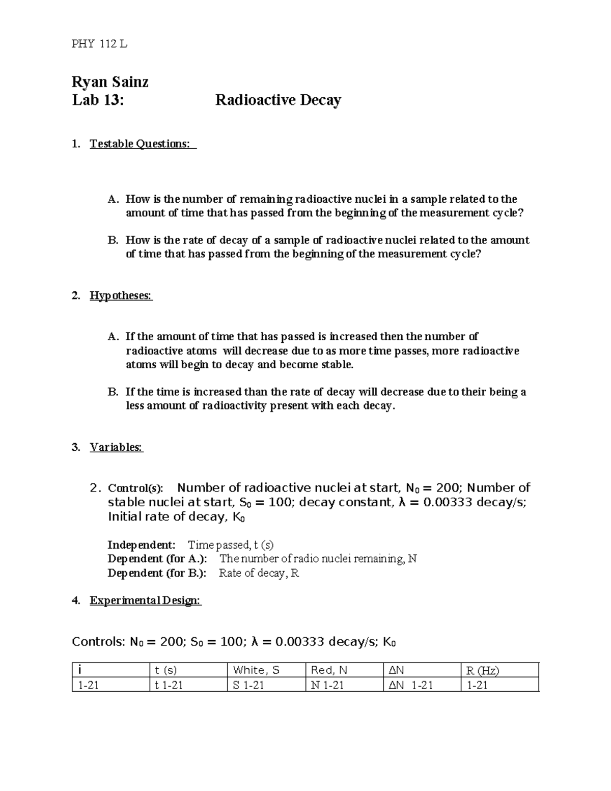Phy112l Lab13 Radioactive Decay 3 - Ryan Sainz Lab 13: Radioactive ...