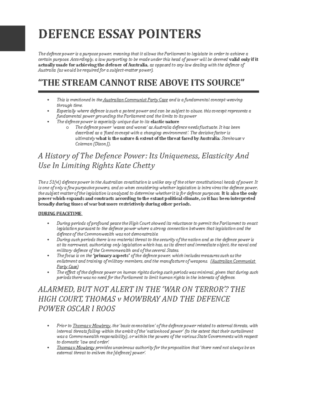 Defence Essay Pointers - DEFENCE ESSAY POINTERS The defence power is a ...