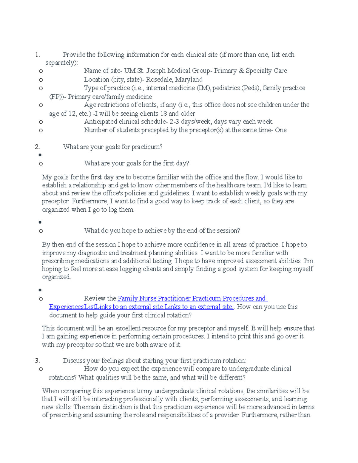 Nr511 week 1 discussion - Provide the following information for each clinical site (if more than ...