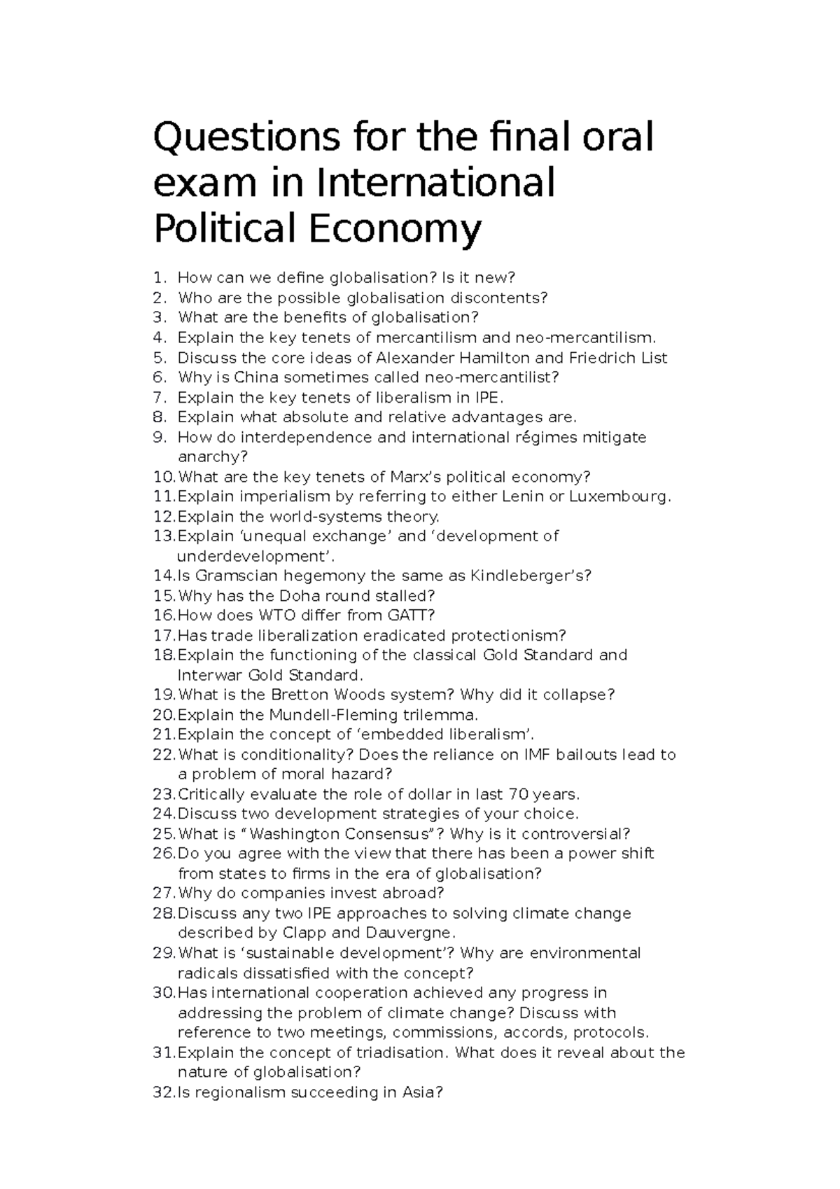 IPE Final Exam Questions - Questions for the final oral exam in ...