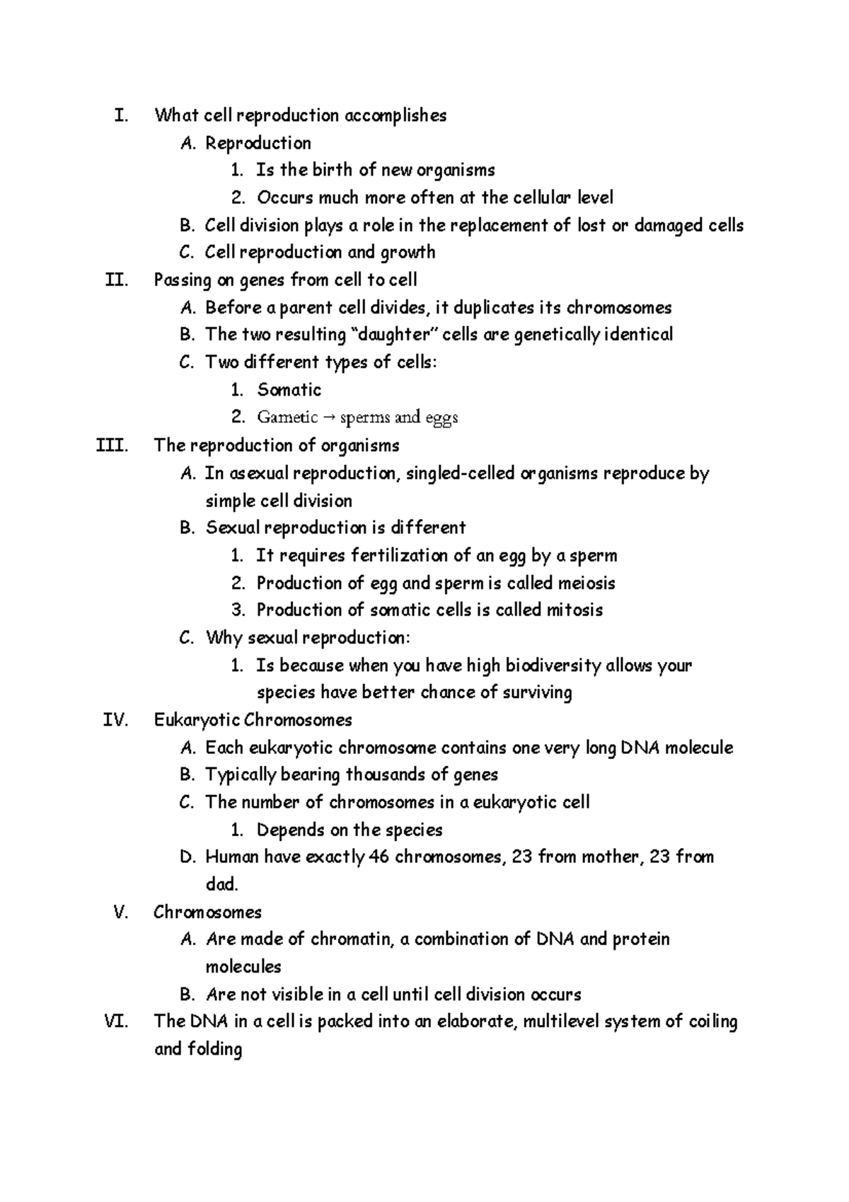Chapter 8 Lecture Note - I. What cell reproduction accomplishes A ...