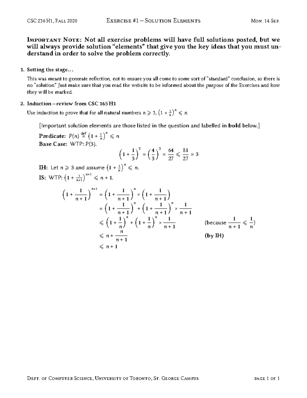 E1 solutions - Exercise 1 - CSC 236 H1, Fall 2020 Exercise #1—Solution ...