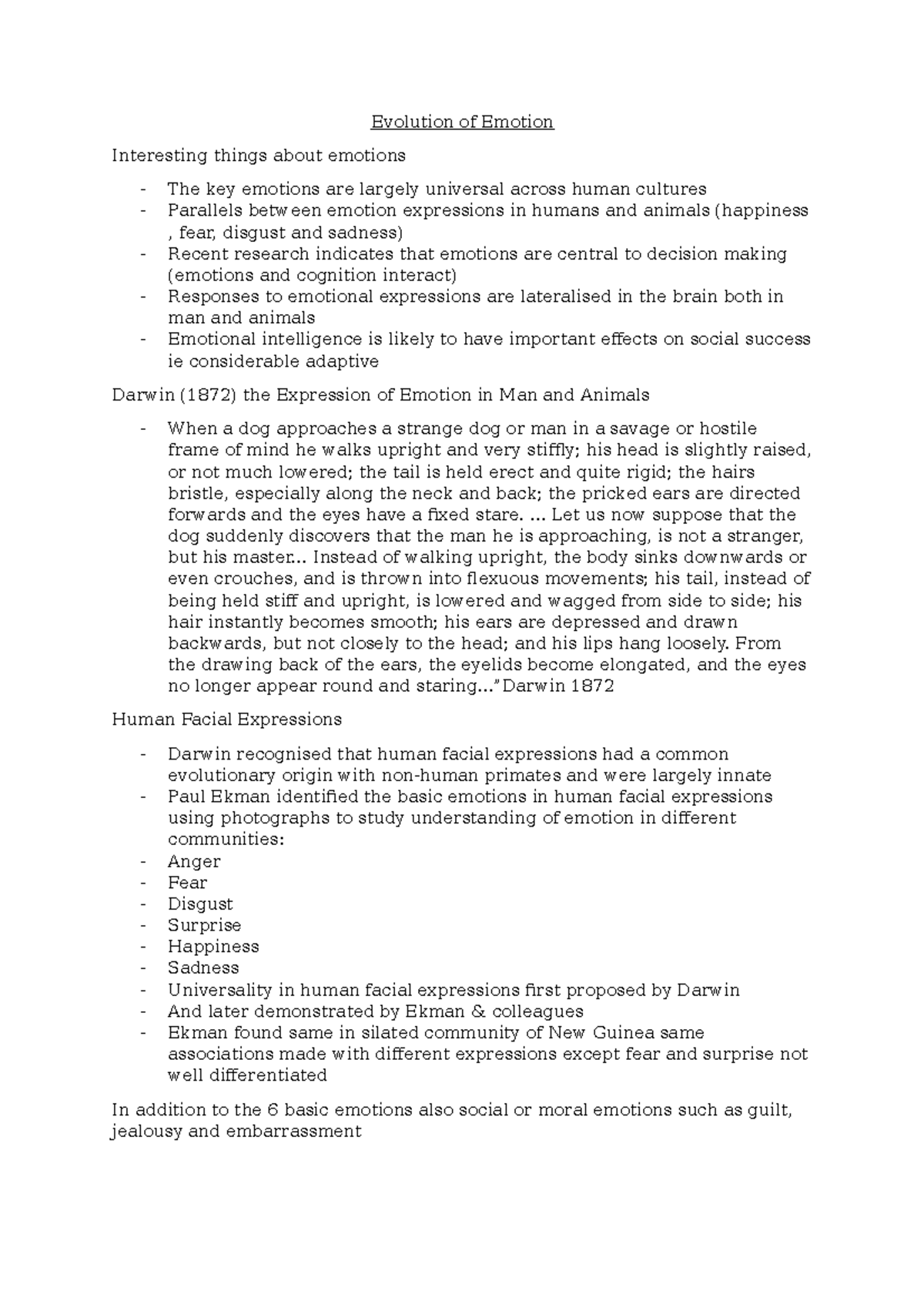 Evolution of emotion - Lecture notes 15 - Evolution of Emotion ...