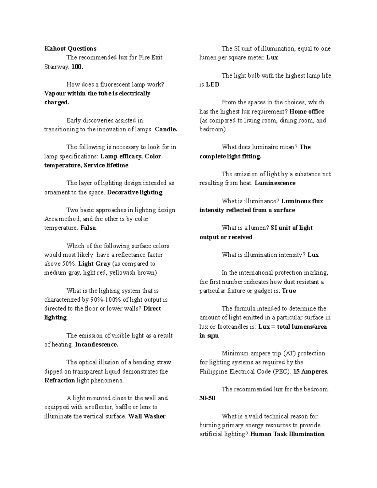 Building Utilities 3 Acoustics and Lighting - Kahoot Questions The ...