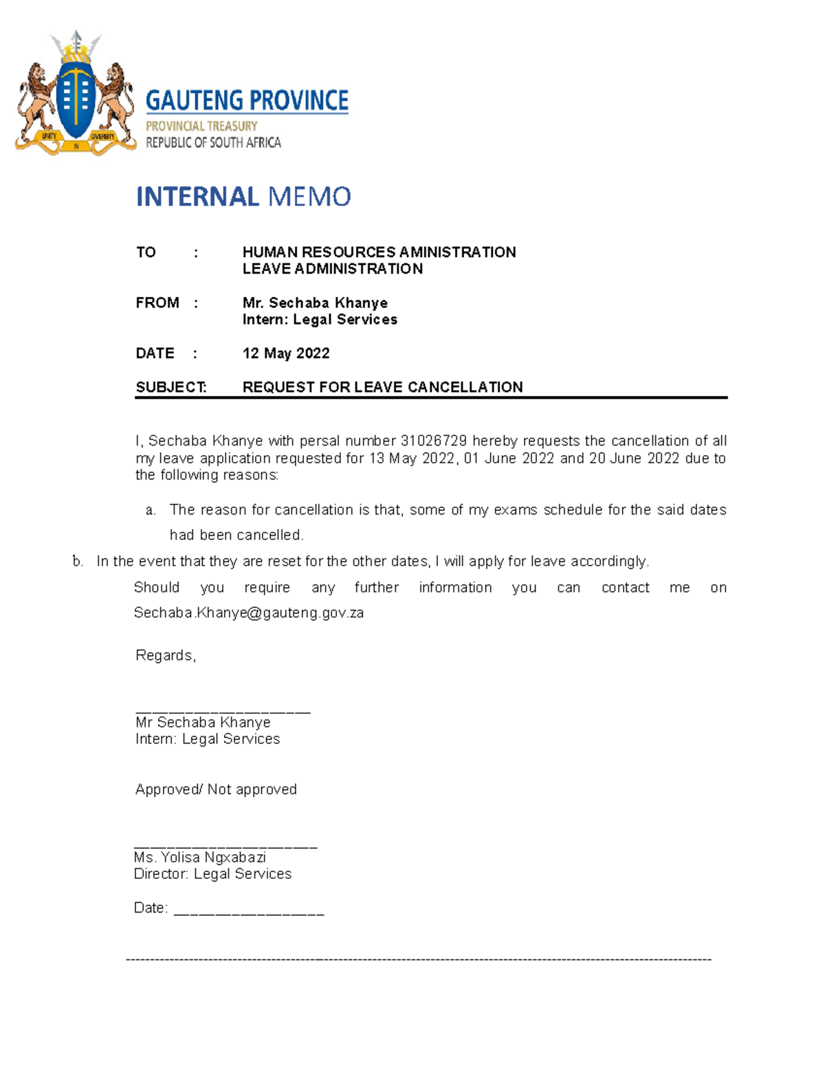 Request FOR Leave Cancellation ( Example ) (003) (002) - INTERNAL MEMO ...