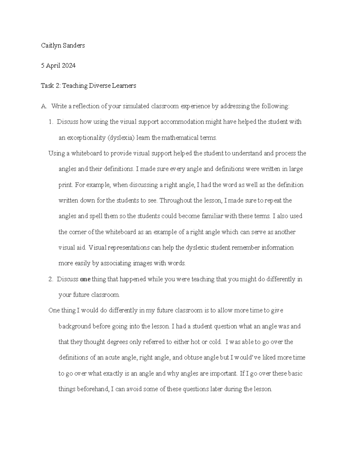Task 2 D096 Teaching Diverse Learners - Caitlyn Sanders 5 April 2024 ...