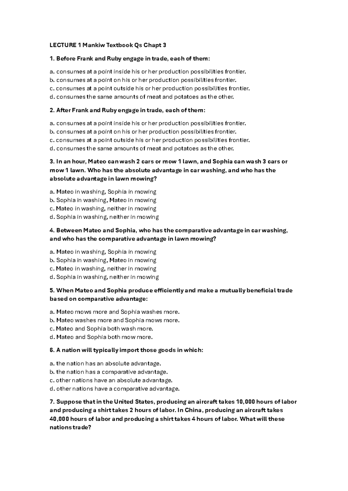 Mankiw Tests 1-2 - test - LECTURE 1 Mankiw Textbook Qs Chapt 3 Before ...
