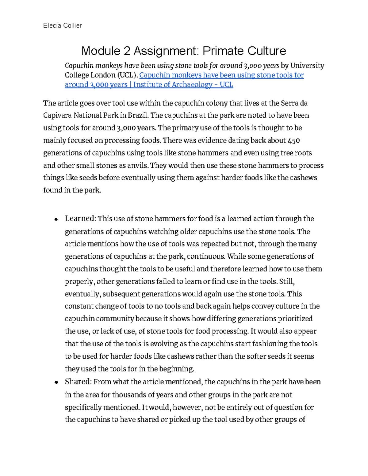 Module 2 Assignment Primate Culture - Elecia Collier Module 2 ...