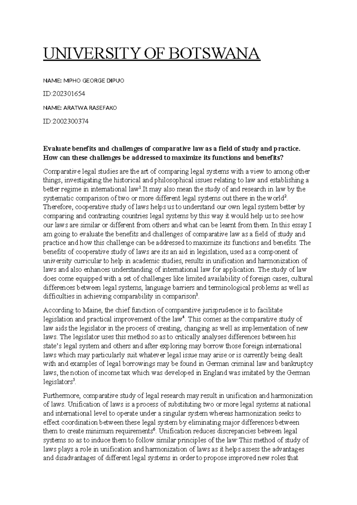 comparative legal systems - UNIVERSITY OF BOTSWANA NAME: MPHO GEORGE ...