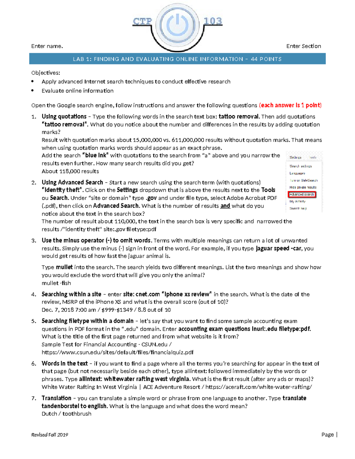 Lab1-Finding and Evaluating Online Info - Enter name. Enter Section LAB 1: FINDING AND ...