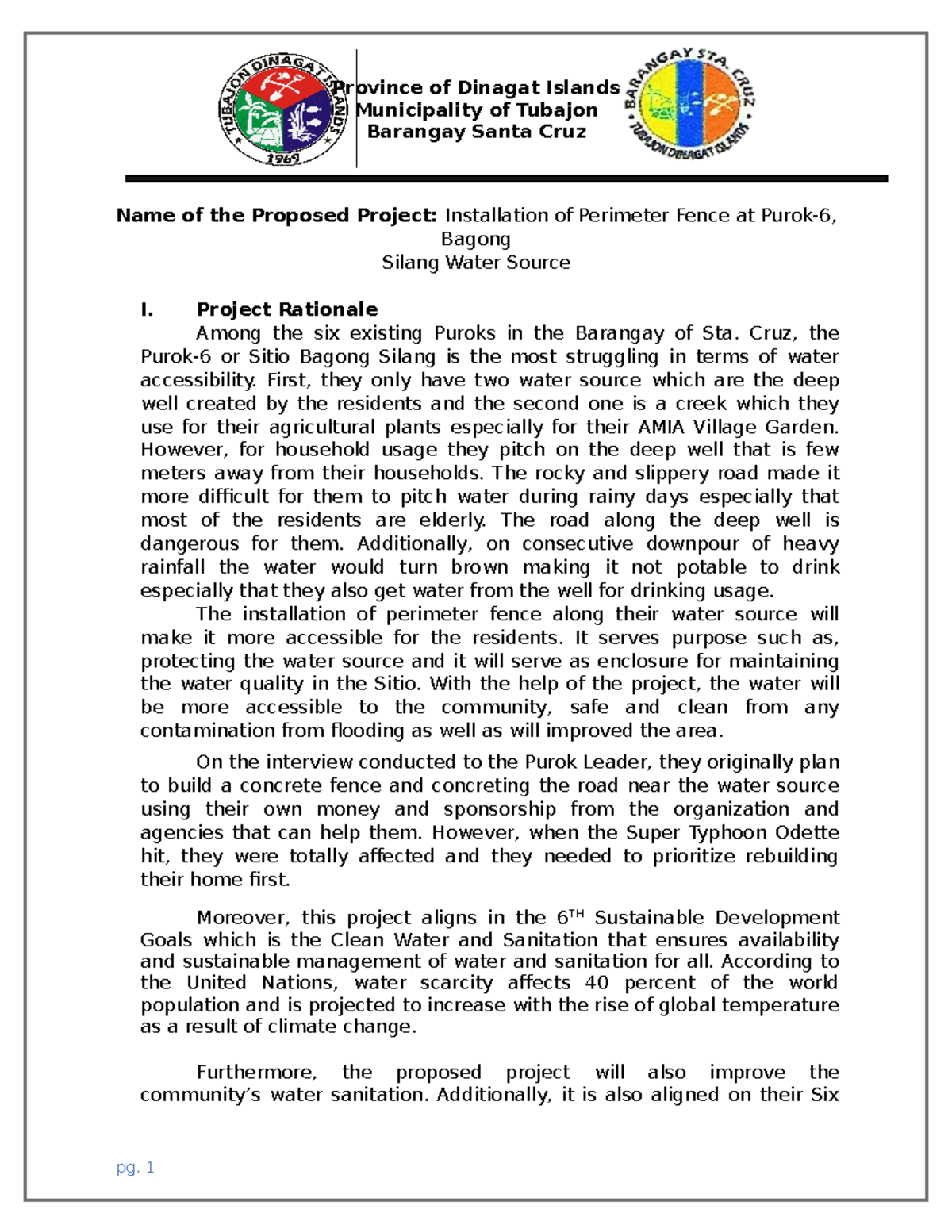 CO- Project Proposal - Municipality of Tubajon Barangay Santa Cruz Name ...
