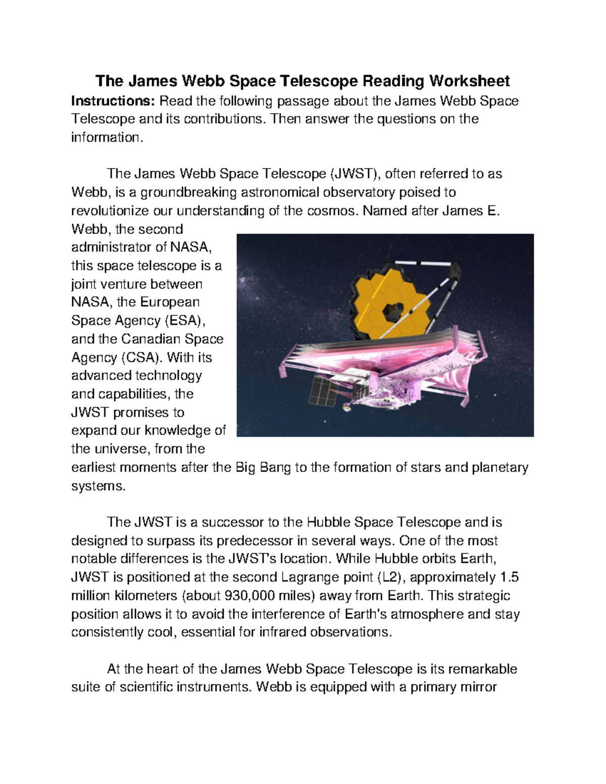 The James Webb Space Telescope Reading Worksheet - The James Webb Space ...