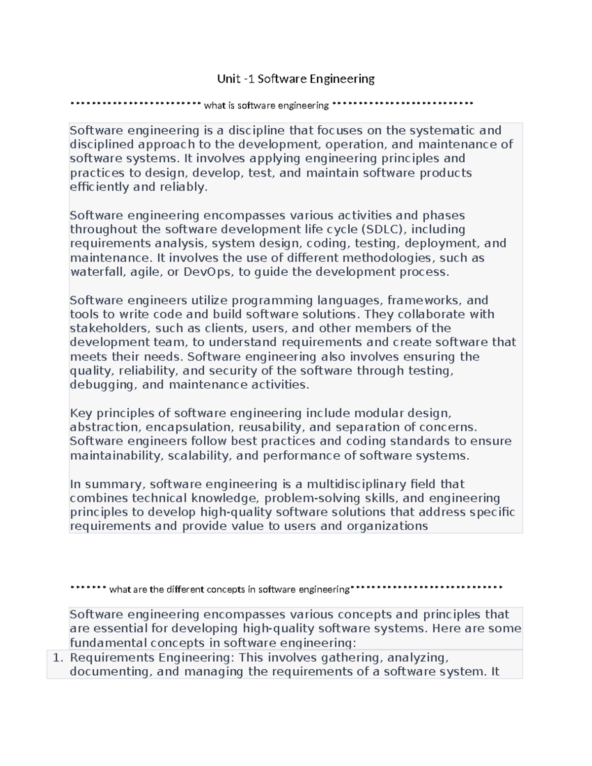 OOSE UNIT-1 software engineering - Unit -1 Software Engineering ************************* what ...