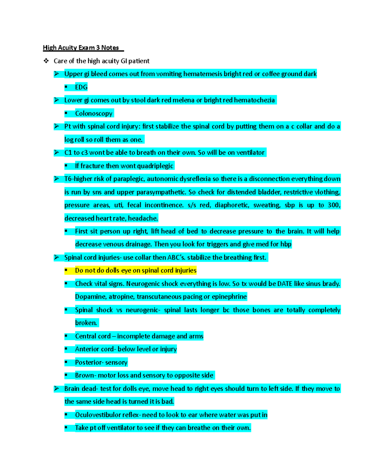 High Acuity Exam 3 Notes[ 5637] - High Acuity Exam 3 Notes Care of the ...