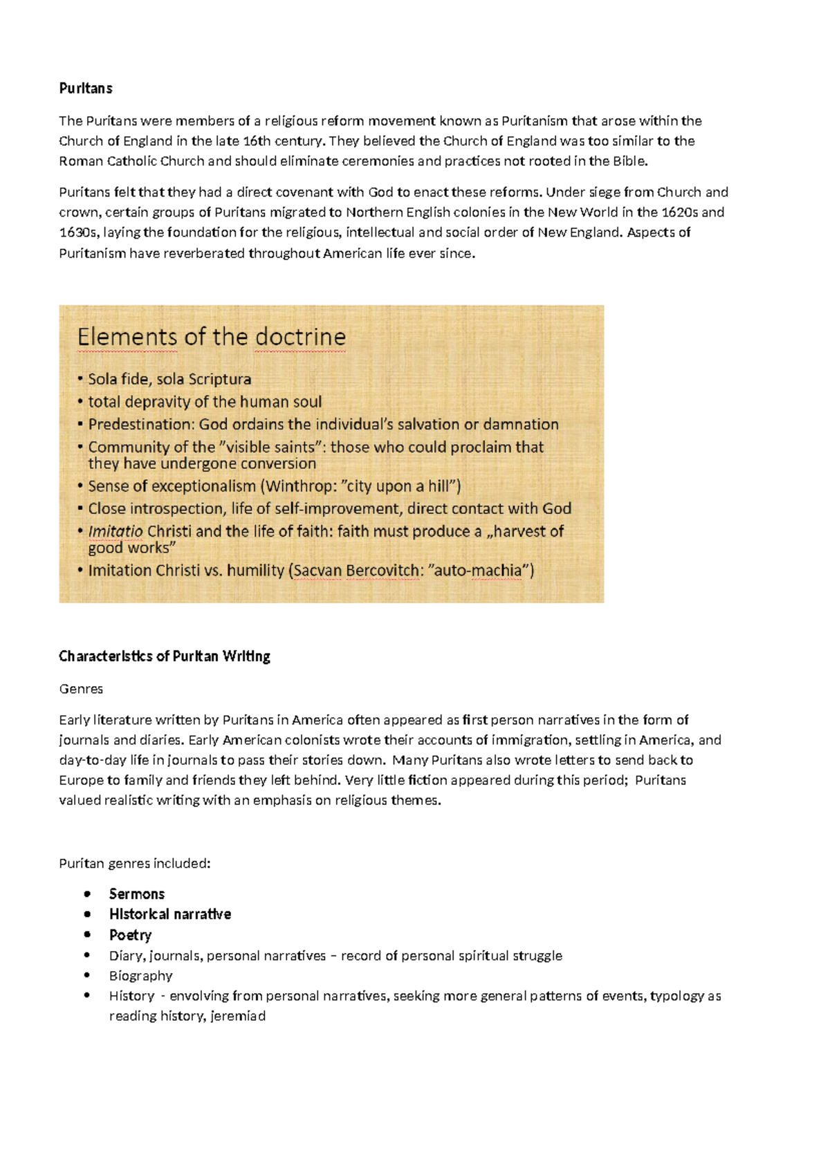 Notes - American literature 2021/2022 - Puritans The Puritans were ...