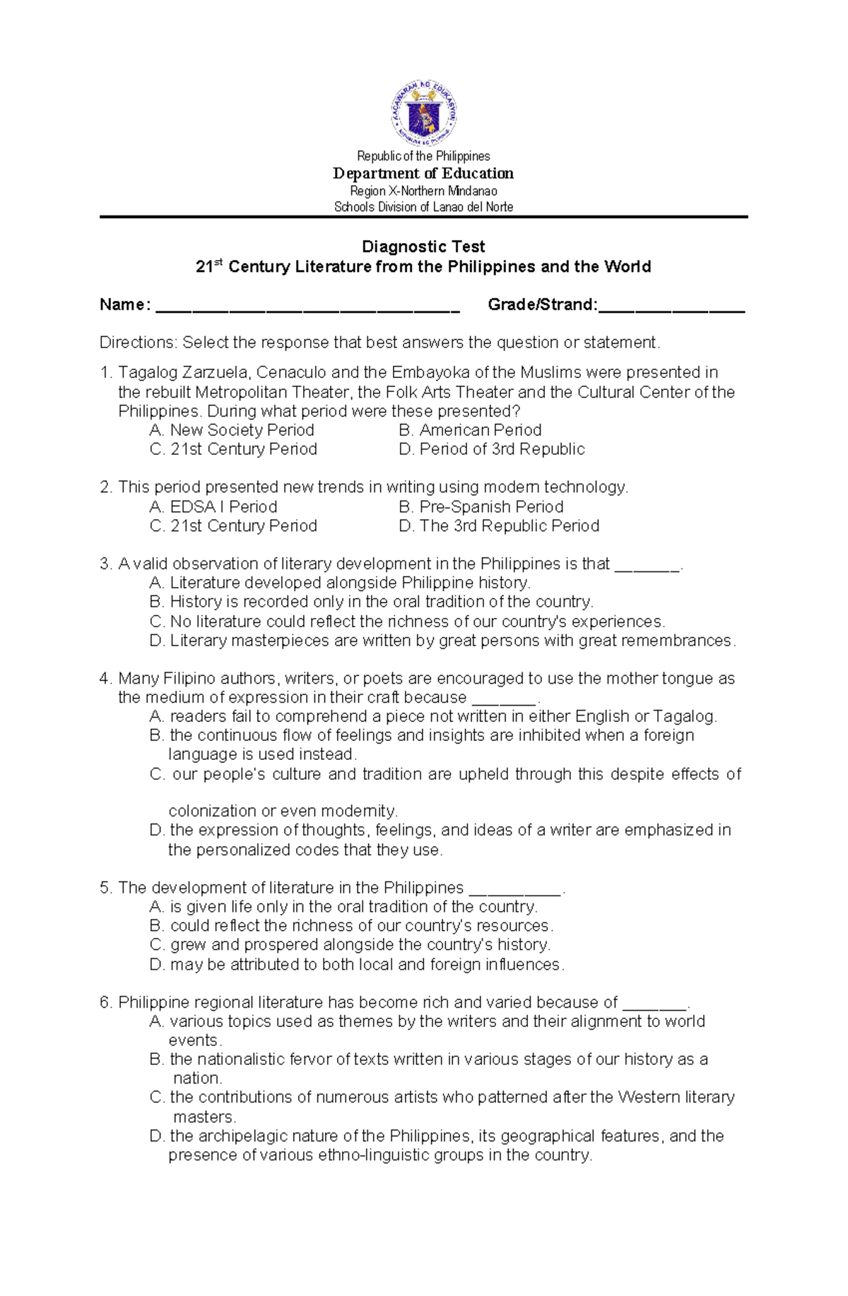 Diagnostic Test - Republic of the Philippines Department of Education ...