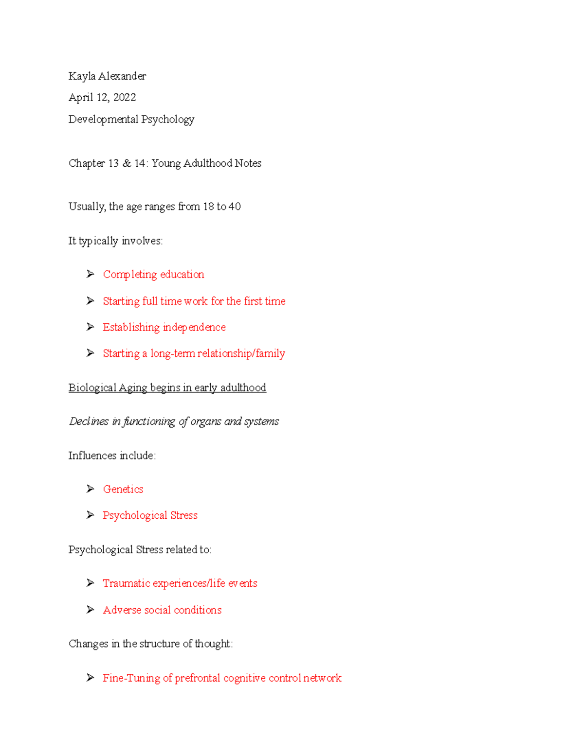 Chapters 13 & 14 - Young Adulthood Notes - Kayla Alexander April 12 ...