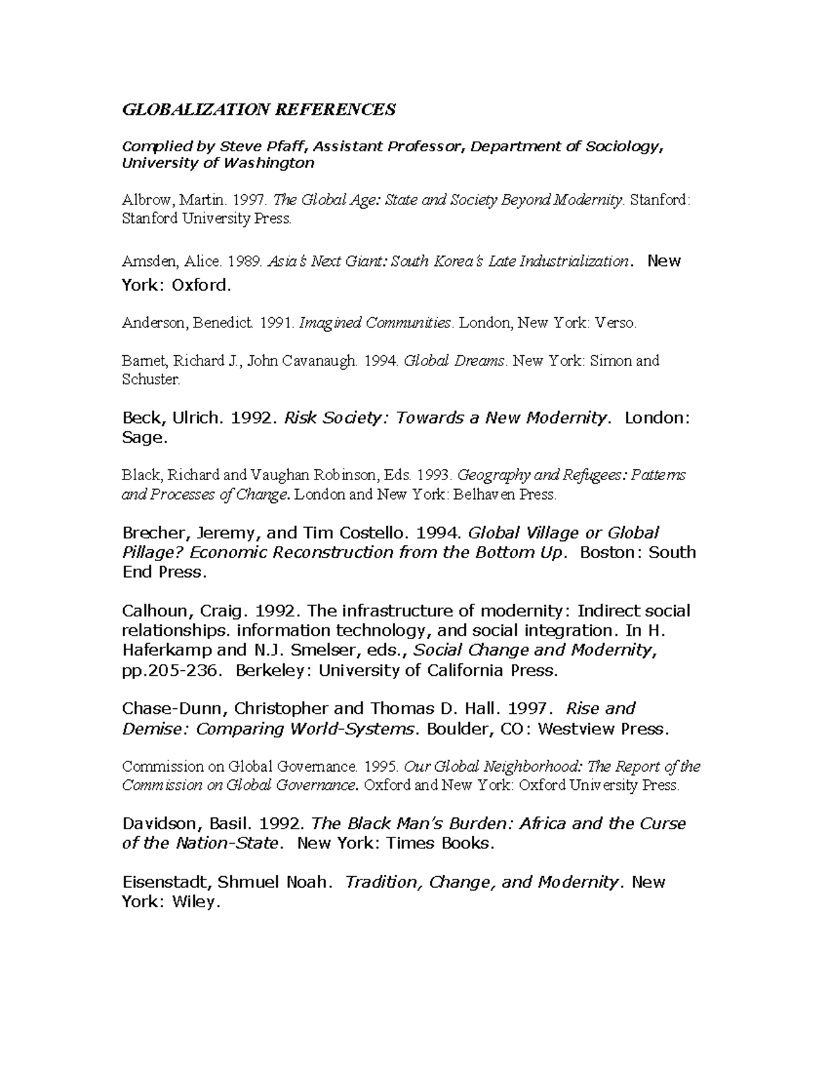 Globalref - hfvb - GLOBALIZATION REFERENCES Complied by Steve Pfaff ...