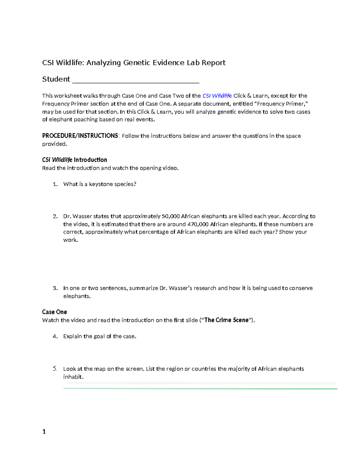 CSI Wildlife Lab Report - CSI Wildlife: Analyzing Genetic Evidence Lab ...
